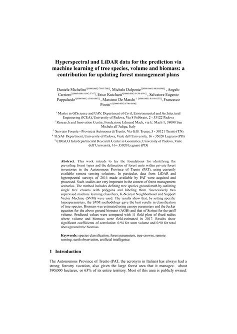 Pdf Hyperspectral And Lidar Data For The Prediction Via Machine Learning Of Tree Species