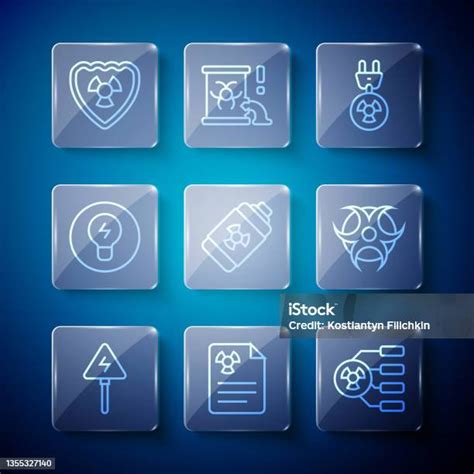 세트 라인 고전압 기호 방사선 경고 문서 방사성 전기 플러그 핵 에너지 배터리 아이디어 방패 및 바이오 위험 기호 아이콘의 개념과 전구 벡터 개념에 대한 스톡 벡터 아트 및