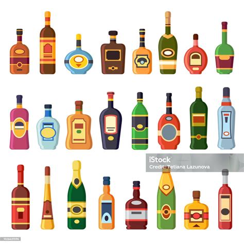 알콜 병입니다 보드카 코냑 및 리큐 어로 알코올 주류 음료 병 위스키 럼 또는 브랜디 주류 고립 된 평면 아이콘 설정 0명에 대한 스톡 벡터 아트 및 기타 이미지 Istock