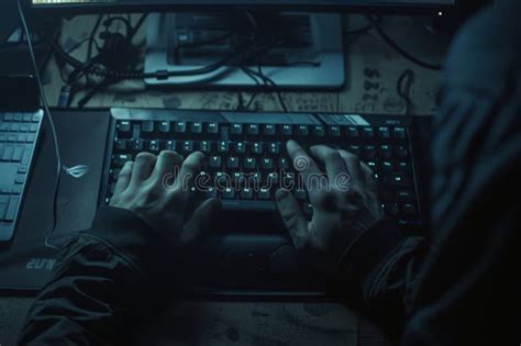 Hands Typing On Led Backlit Keyboard In Dark Room Stock Illustration