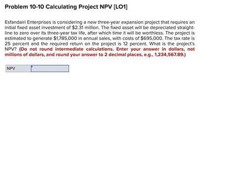solved problem 10 10 calculating project npv [lo1]