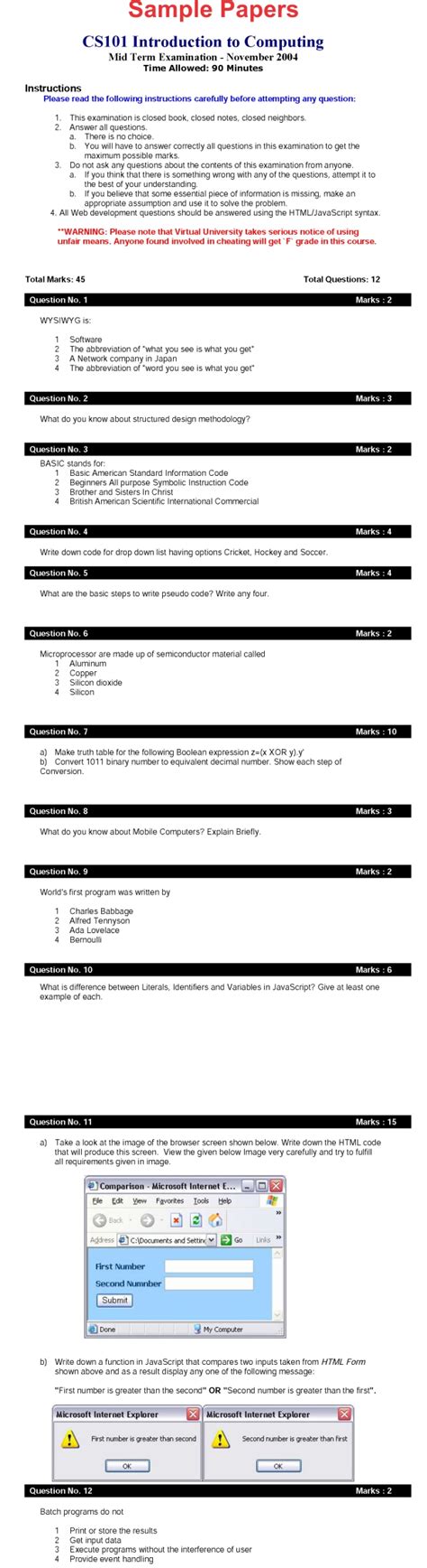 cs101 introudction to computing bsc computer science vu university past papers 2