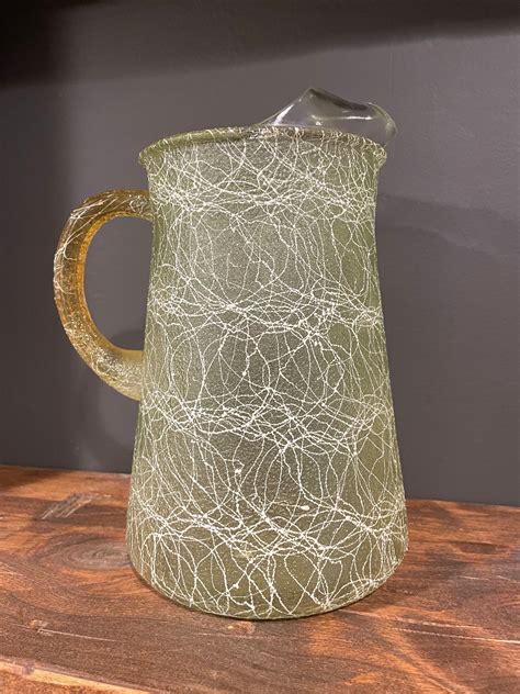 Vintage Spaghetti String Glass Pitcher Light Seaglass Green Etsy
