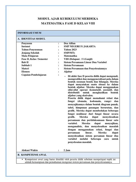 Modul Ajar Matematika Sistem Persamaan Linear Dua Variabel Fase D Pdf