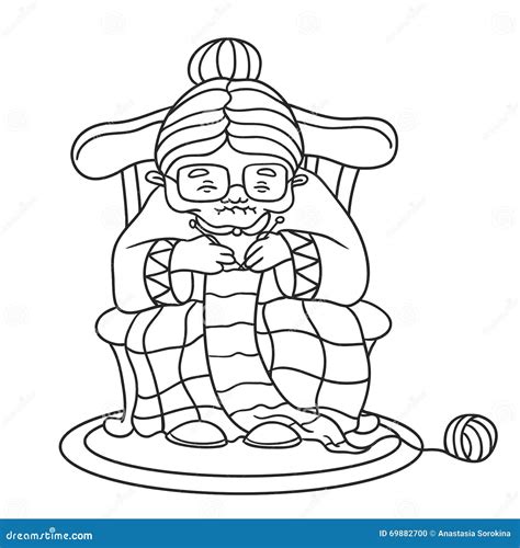 Grandmother Knits Vector Flat Cartoon Illustration
