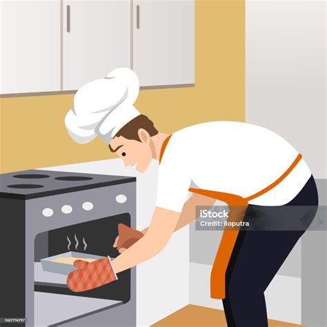 요리 경험 가사 의무 및 집안일 가정 활동을하는 남자 남성 캐릭터 요리 베이크는 부엌의 오븐에 생빵을 넣고 베이커 쿡 디저트 선형 벡터 일러스트 레이 션 요리하기 음식