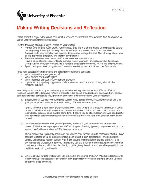 11 21 23 Decision Reflection Activity Eng 110 V Making Writing Decisions And Reflection