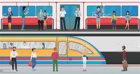 서브 사람과 지하철 역에서 기차 플랫폼 웨이 내부 승객과 도시 지하철 벡터 개념입니다 사람들에 대한 스톡 벡터 아트 및 기타