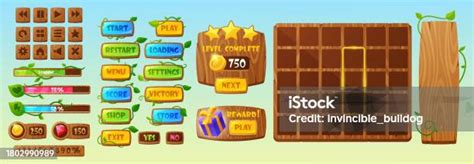 포레스트 게임 메뉴 인터페이스 Ui 게임 버튼 Gui 요소 게임 자산 패널 종료 또는 재시작 옵션 진행률 표시줄 그래픽 사용자 인터페이스에 대한 스톡 벡터 아트 및 기타