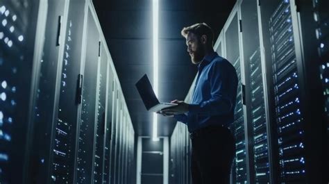 Manager In A Data Center Laptop In Hand Conducting A Thorough Hardware Inspection Premium Ai