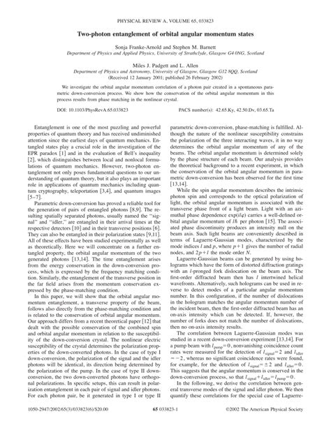 Pdf Two Photon Entanglement Of Orbital Angular Momentum States