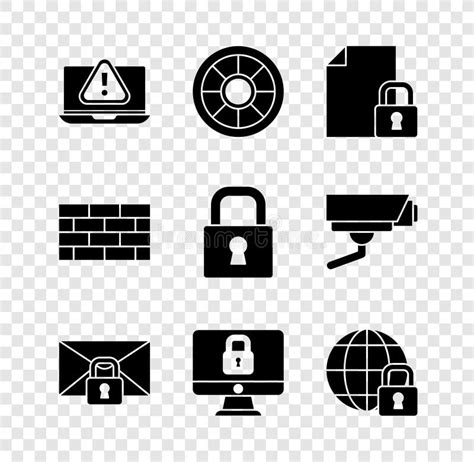 Set Laptop With Exclamation Mark Safe Document And Lock Mail Message