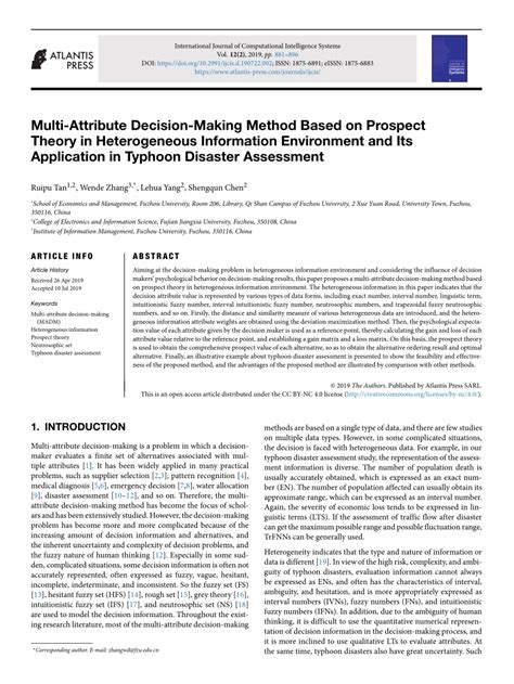 Pdf Multi Attribute Decision Making Method Based On Prospect Theory