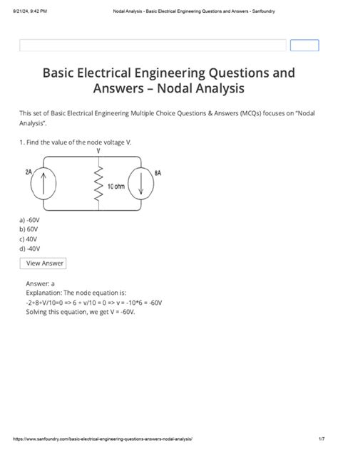 Nodal Analysis Basic Electrical Engineering Questions And Answers Sanfoundry Pdf