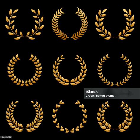 골든 채플릿 후보 수상자 실루엣 아이콘 세트 서클 골드 로렐 화환 성공 픽토그램 나뭇 가지 성취 나무 가지 잎 승리 보상 인증 영광의 크레스트 격리된 벡터 일러스트 레이 션