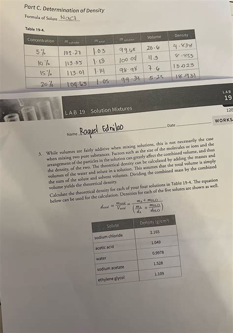 Solved Part C Determination Of Density Formula Of Solute Nacl Table 19 4 Course Hero