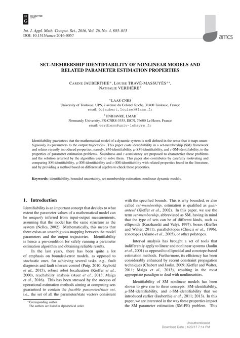 Pdf Set Membership Identifiability Of Nonlinear Models And Related