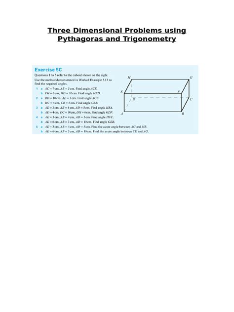 3d Pythagoras And Trigonometry Worksheet Pdf