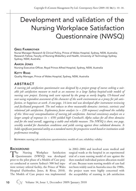 Pdf Development And Validation Of The Nursing Workplace Satisfaction Questionnaire Nwsq