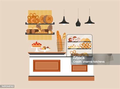 빵집 가게에서 카운터 다양한 빵 선반에있는 프랑스 바게트 크로와상 베이글 프레첼 진열장의 패스트리 과자류 흰색 배경에 격리된 플랫 벡터 일러스트레이션입니다 바 카운터에 대한