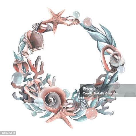 조개 불가사리 거품 조류 및 산호 청록색 손으로 그린 수채화 그림 원형 프레임 화환 흰색 배경에 템플릿 개체 그룹에 대한 스톡