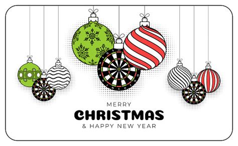 트렌디 한 라인 스타일의 다트 크리스마스 인사말 카드 메리 크리스마스와 새해 복 많이 받으세요 개요 만화 스포츠 배너 흰색 배경에 크리스마스 공으로 다트 보드 벡터