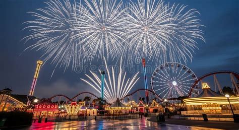 Fireworks Explode Over An Illuminated Amusement Park At Twilight Stock