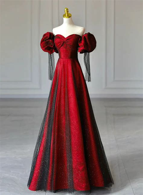 Black And Red Off Shoulder Sweetheart Party Dress A Line Long Evening