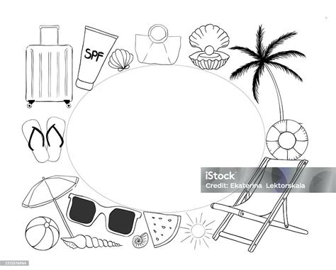 여름 프레임 해변 휴가 타원형 사각형 프레임 템플릿 텍스트 벡터 그래픽 라인 잉크 그림 배너 포스터 포장지 스티커 인쇄 현대적인 섬유 디자인 계절에 대한 스톡 벡터 아트 및