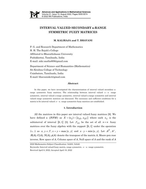 Pdf Interval Valued Secondary K Range Symmetric Fuzzy Matrices