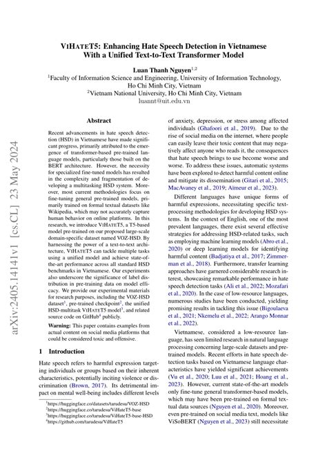 Pdf Vihatet5 Enhancing Hate Speech Detection In Vietnamese With A Unified Text To Text