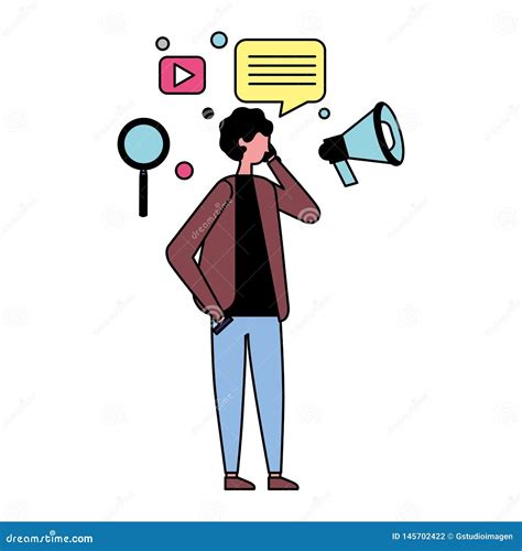 Man Using Mobile And Social Media Icons Stock Illustration Illustration Of Screen Computer