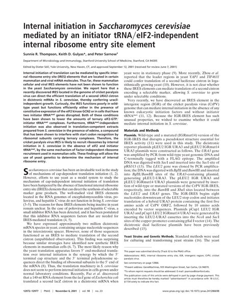 Pdf Internal Initiation In Saccharomyces Cerevisiae Mediated By An Initiator Trnaeif2