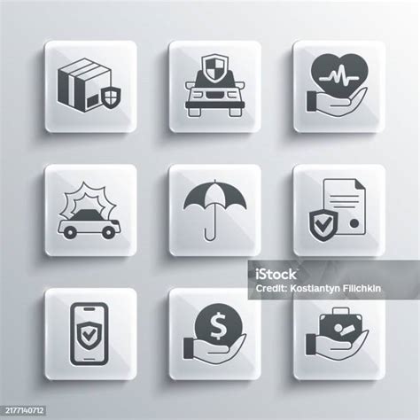 방패 손에 여행 가방 계약 우산 온라인 보험 자동차 사고 배달 보안 및 생명 보험 아이콘으로 돈을 설정합니다 벡터 가방에 대한 스톡 벡터 아트 및 기타 이미지 Istock