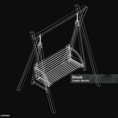 사실적인 디테일이 있는 3d 와이어프레임 모델로 렌더링된 나무 그네는 높은 대비를 위해 검은색 배경에 분리되어 있습니다 그네의 깔끔한 흰색 선은 어두운 배경과 대조를 이루며