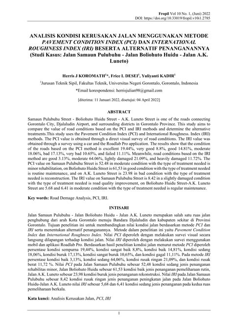 PDF ANALISIS KONDISI KERUSAKAN JALAN MENGGUNAKAN METODE PAVEMENT CONDITION INDEX PCI DAN