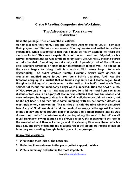 Reading Comprehension 8th Grade English Worksheets Reading