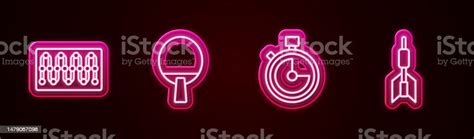 세트 라인 보드 게임 라켓 스톱워치 및 다트 화살표 빛나는 네온 아이콘입니다 벡터 거리에 대한 스톡 벡터 아트 및 기타 이미지 거리 겨냥 경쟁 Istock