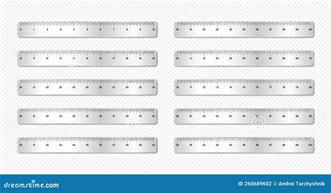 Realistic Various Shiny Metal Rulers With Measurement Scale And Divisions Measure Marks School