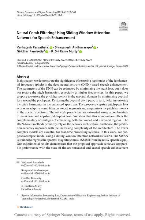 Neural Comb Filtering Using Sliding Window Attention Network For Speech Enhancement Request Pdf