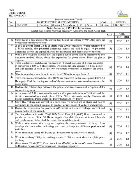 Iat Ii Question Paper With Solution Of 18ele13 Basic Electrical