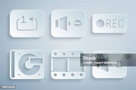 비디오 재생 녹화 버튼 비닐 디스크가있는 비닐 플레이어 스피커 볼륨 음소거 및 트랙 음악 반복 아이콘을 설정합니다 벡터 영화에 대한 스톡 벡터 아트 및 기타 이미지 Istock