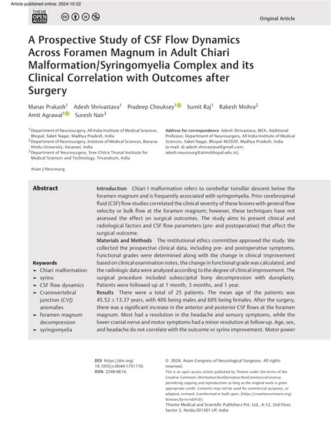 PDF A Prospective Study Of CSF Flow Dynamics Across Foramen Magnum In Adult Chiari