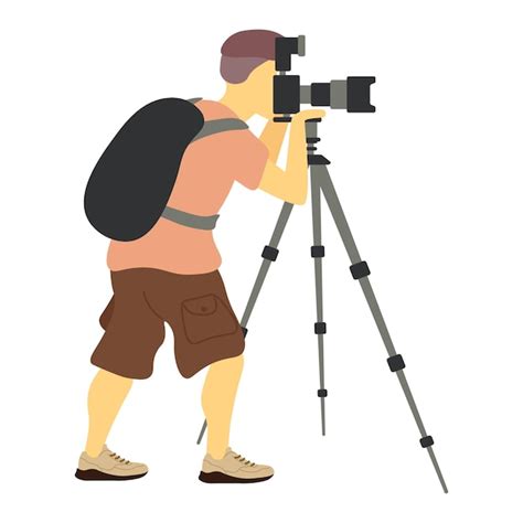 남자는 흰색 배경에 삼각대가 있는 전문 카메라로 서서 사진을 찍습니다 프리미엄 벡터