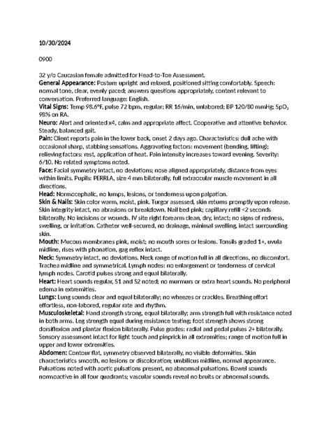 Narrative Charting Assignment 1030 0900 32 Yo Caucasian Female Admitted For Head To Toe
