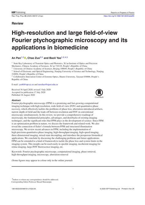 High Resolution And Large Field Of View Fourier Ptychographic Microscopy And Its Applications In