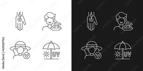 Стоковое векторное изображение Sunstroke And Sunburn Linear Icons Set For Dark And Light Mode