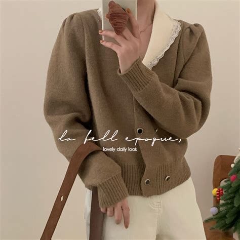 벨에포크 고나 더블 버튼 배색 레이스 니트 카라 가디건 위시버킷