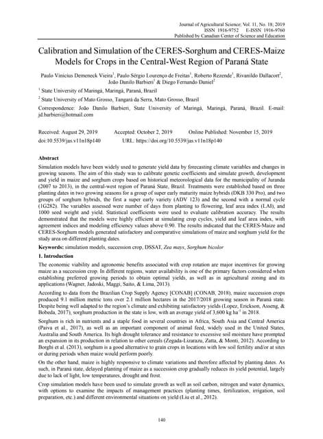 2019 Calibration And Simulation Of The Ceres Sorghum Pdf Agriculture Industries