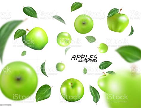 녹색 사과 흰 배경에 고립 떨어지는 벡터입니다 전체적으로 과일입니다 현실적인 3d 날기에 대한 스톡 벡터 아트 및 기타 이미지 날기 도시를 벗어난 장면 모션블러
